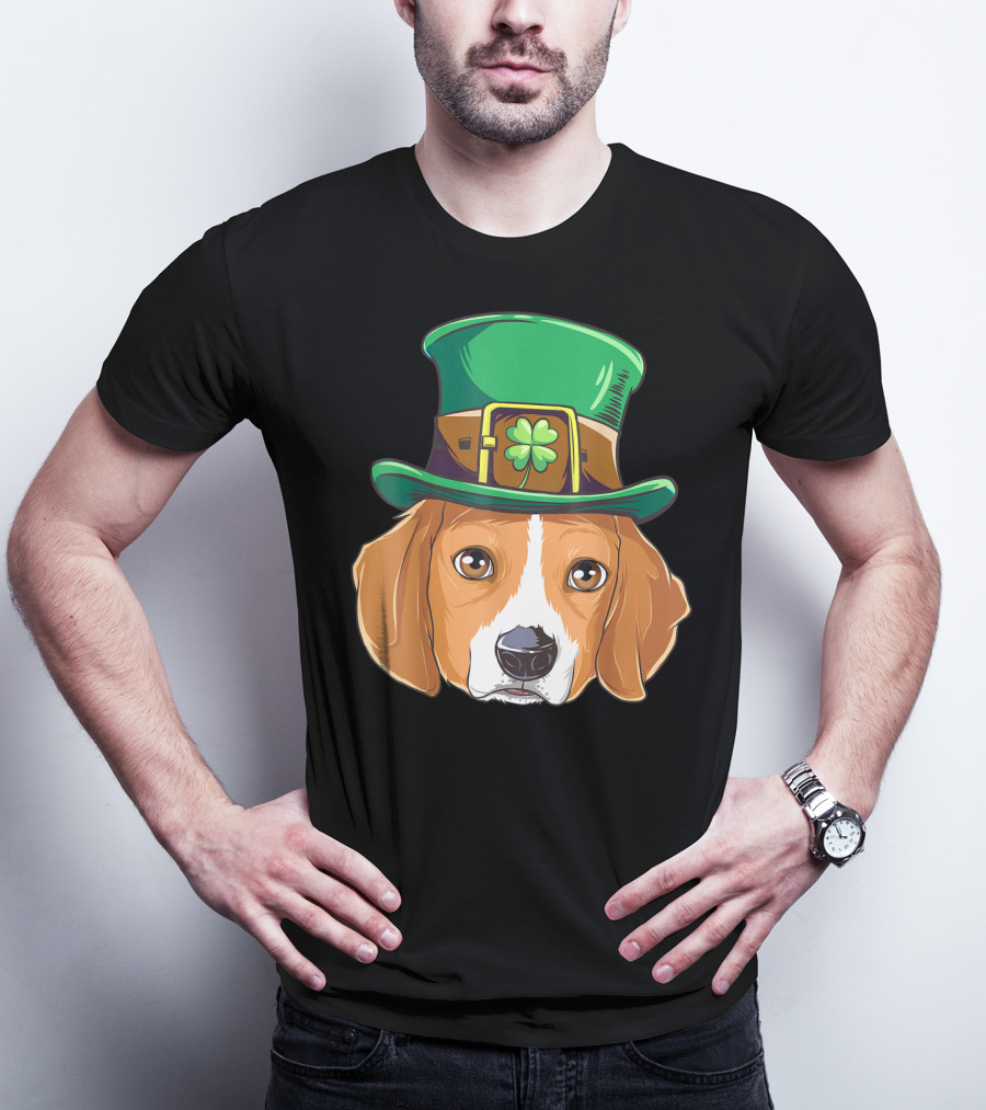 Beagle Wearing Leprechaun Hat With Shamrock T-Shirt