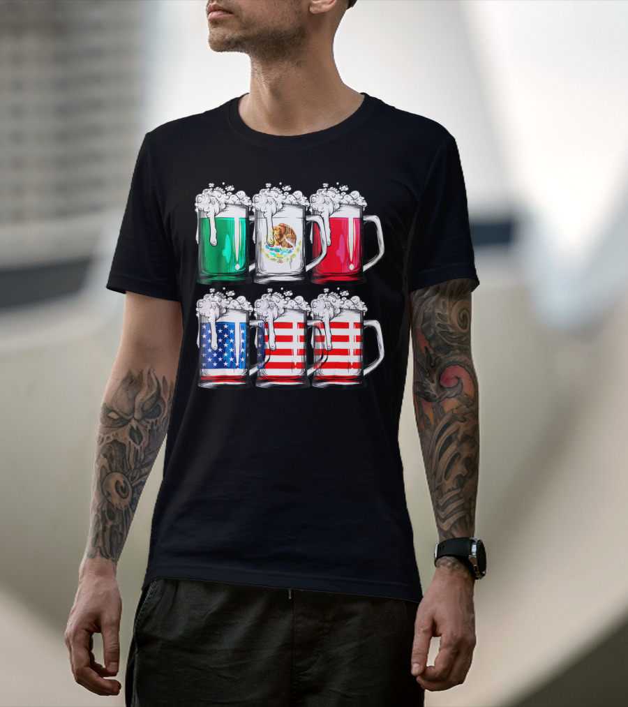 Beer Mugs Mexican American Flags Cinco De Mayo T-Shirt