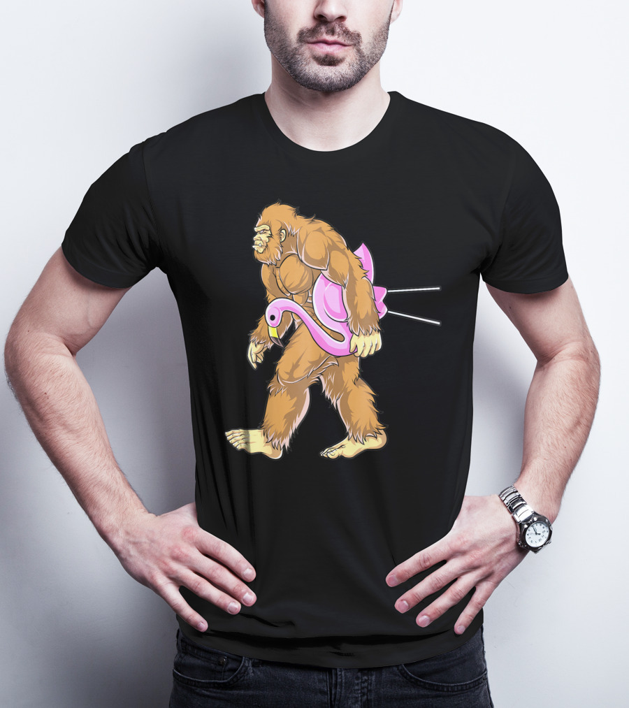 Bigfoot Carrying Pink Lawn Flamingo Humorous Sasquatch Image T-Shirt
