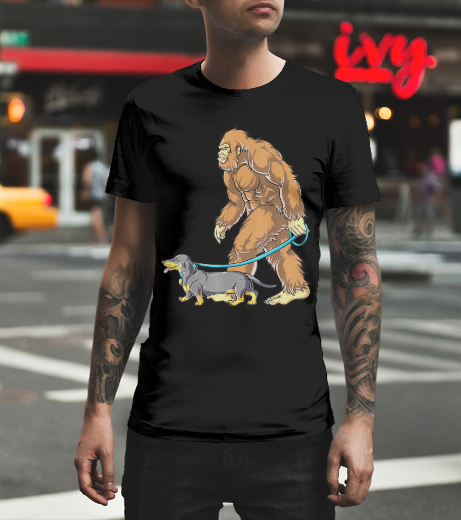 Bigfoot Sasquatch Walking Dachshund Dog T-Shirt