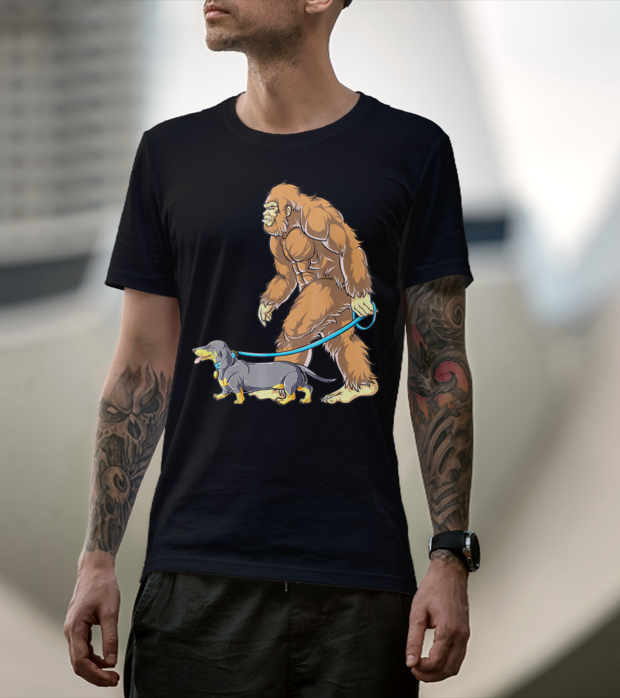 Bigfoot Sasquatch Walking Dachshund Dog T-Shirt