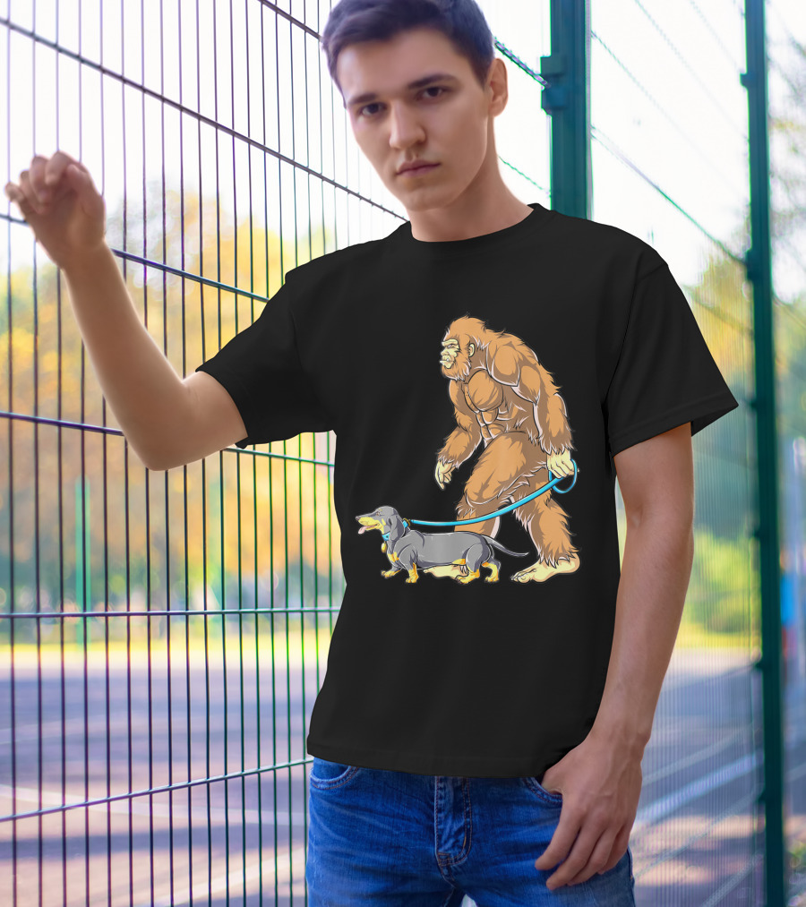 Bigfoot Sasquatch Walking Dachshund Dog T-Shirt
