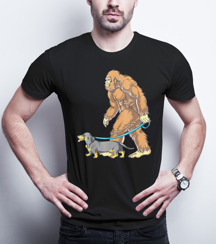 Bigfoot Sasquatch Walking Dachshund Dog T-Shirt