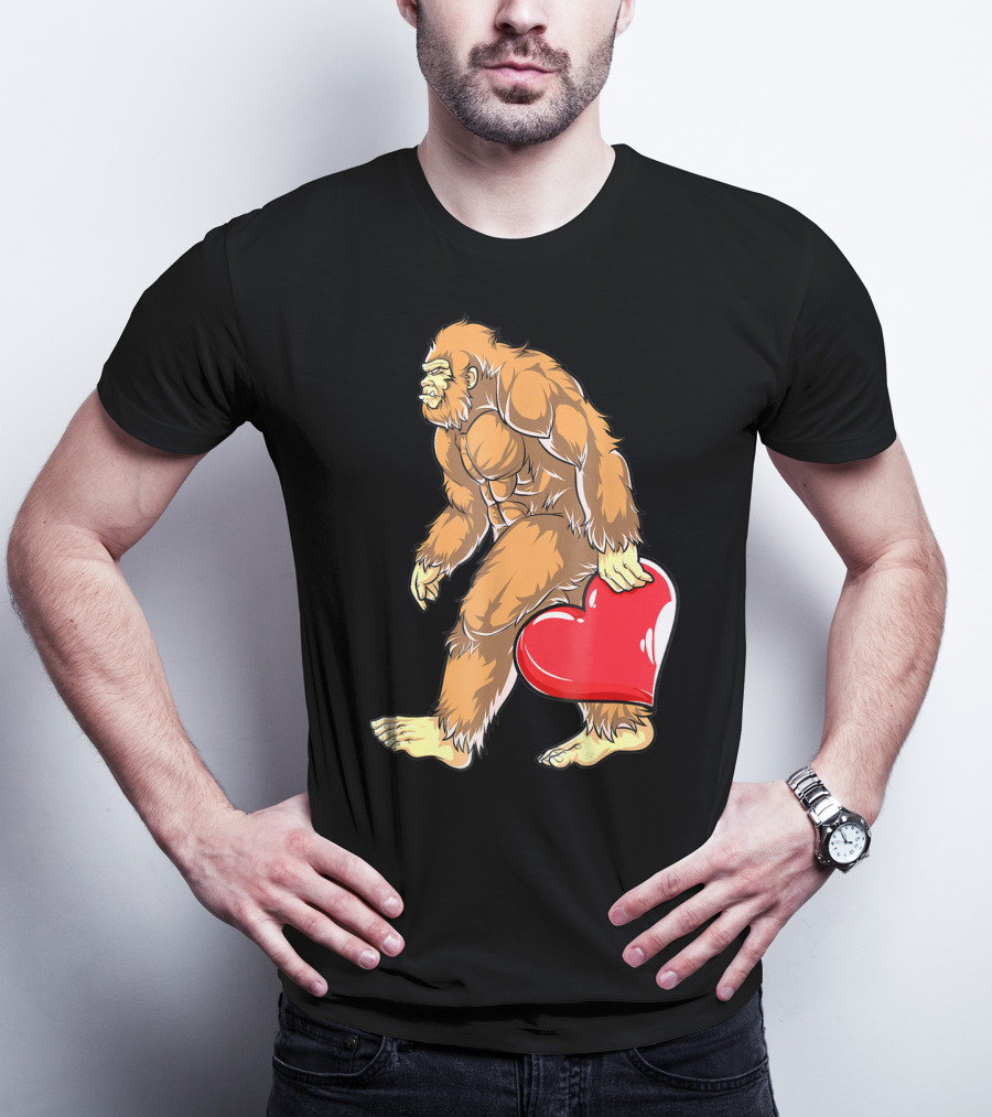 Valentine's Day Bigfoot Holding Heart Sasquatch Love For Men T-Shirt