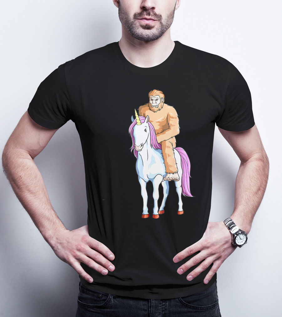 Bigfoot Sasquatch Riding Unicorn Mythical Creature Adventure T-Shirt