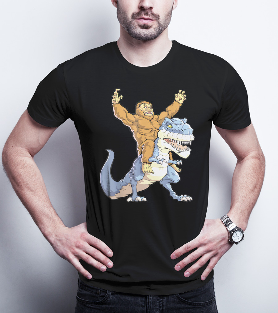 Bigfoot Sasquatch Riding Dinosaur Adventure T-Shirt