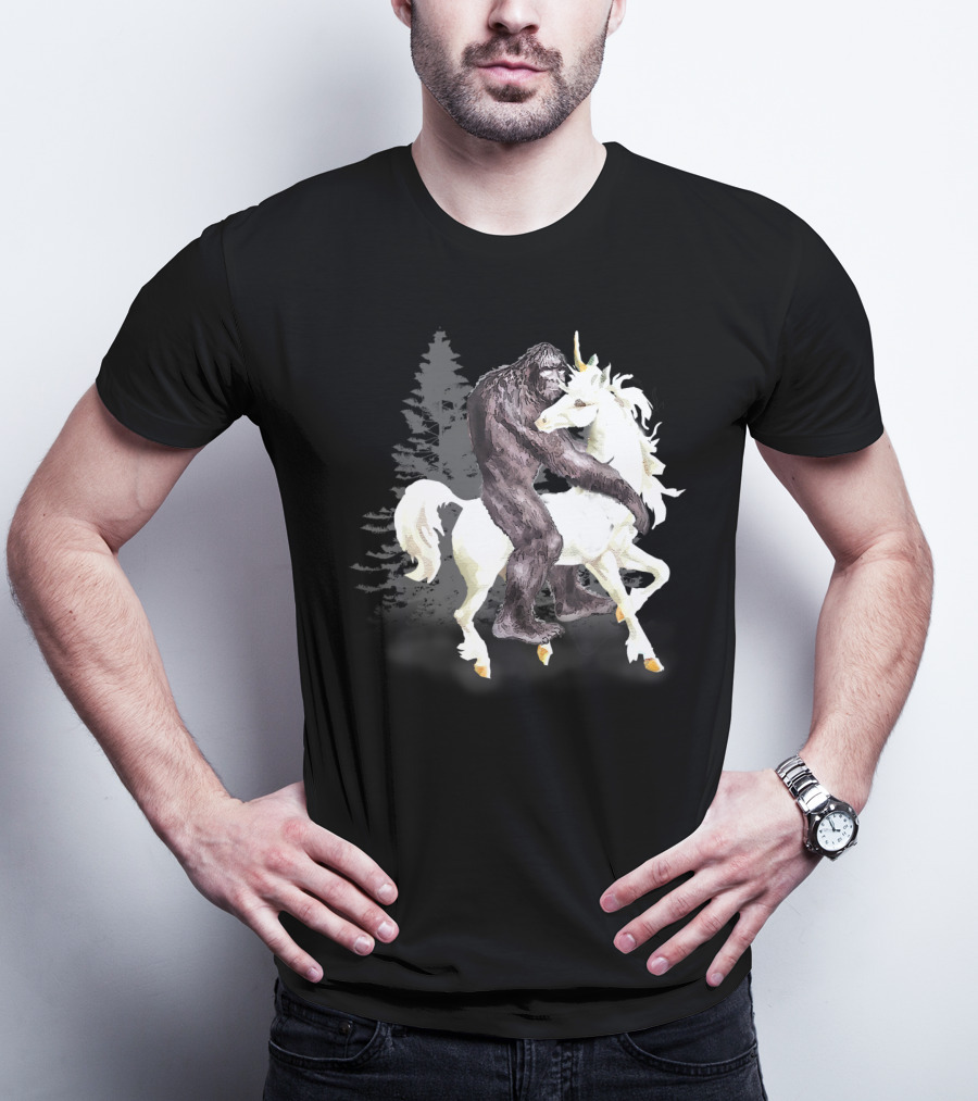 Bigfoot Sasquatch On A Unicorn In Mystical Forest Scene T-Shirt