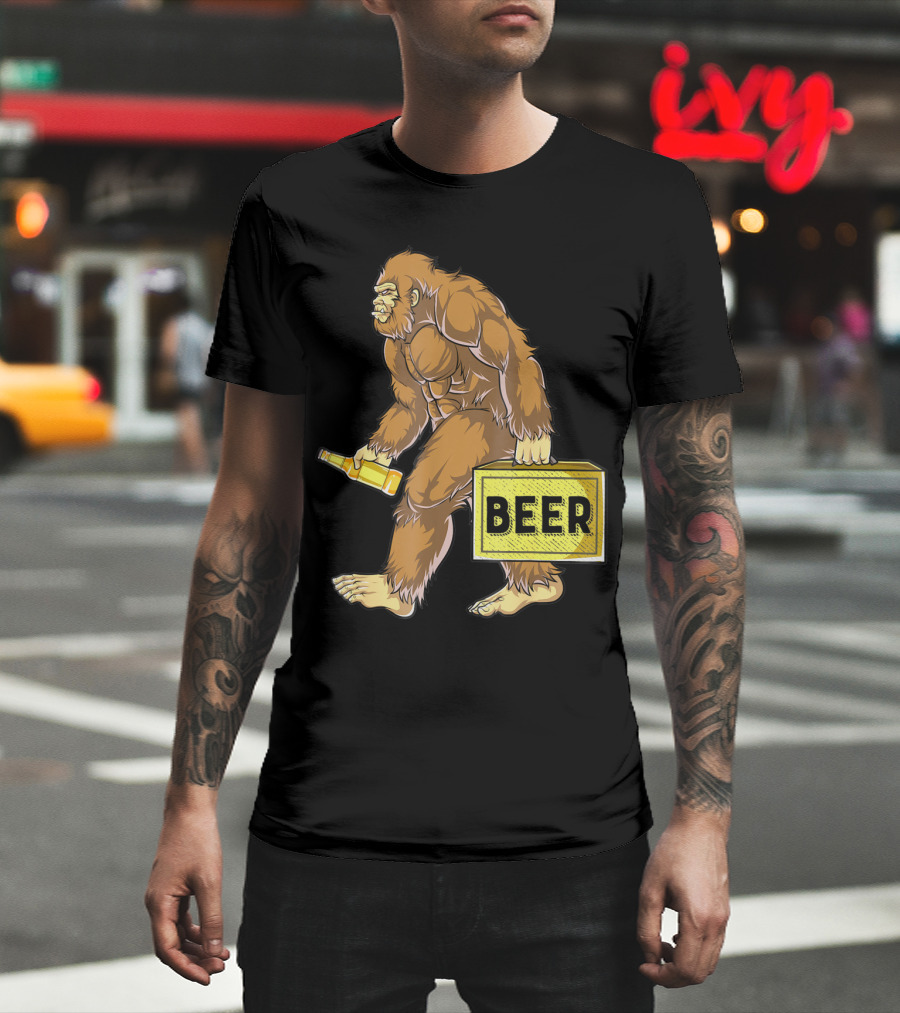 Bigfoot With Beer Funny Sasquatch Drinking Party Carrying Beer Box T-Shirt