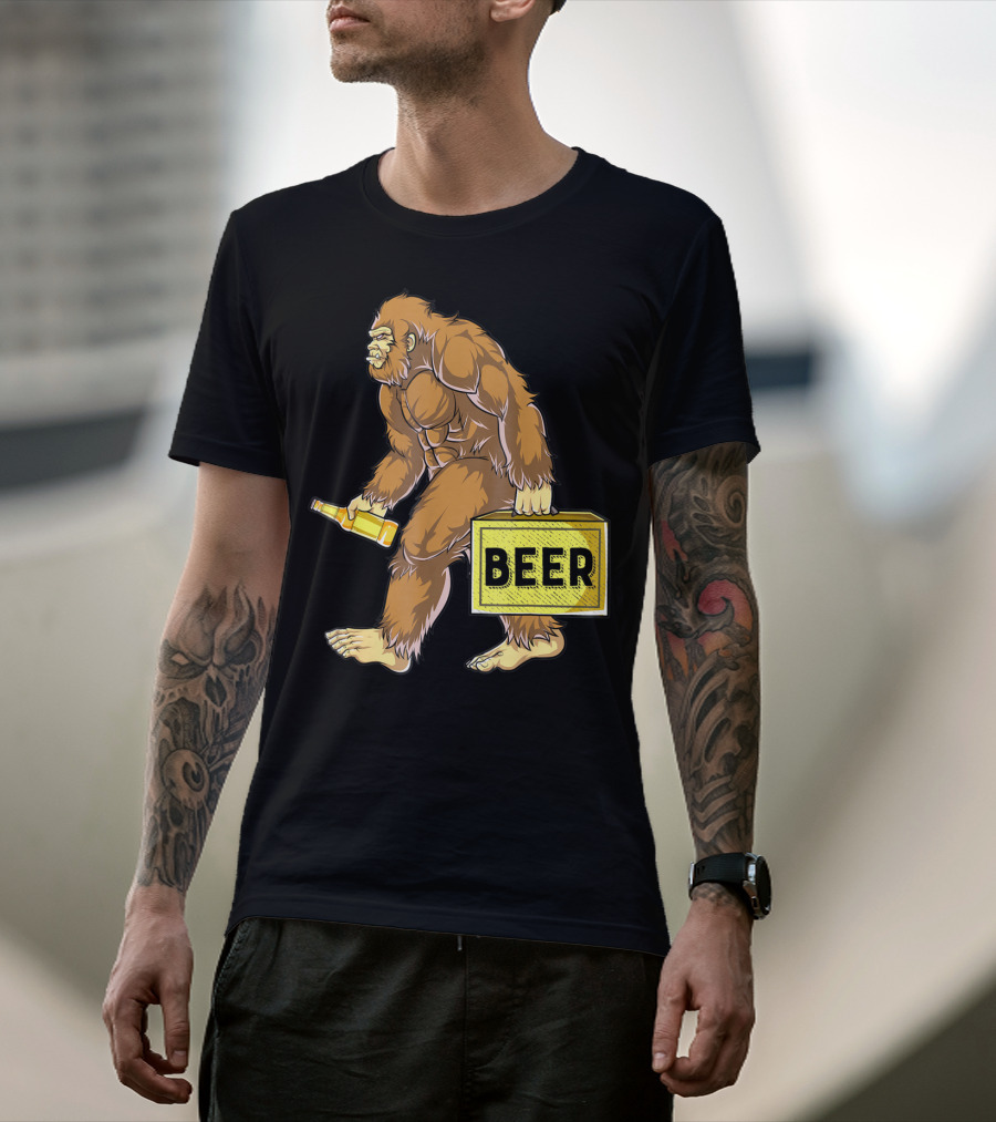 Bigfoot With Beer Funny Sasquatch Drinking Party Carrying Beer Box T-Shirt