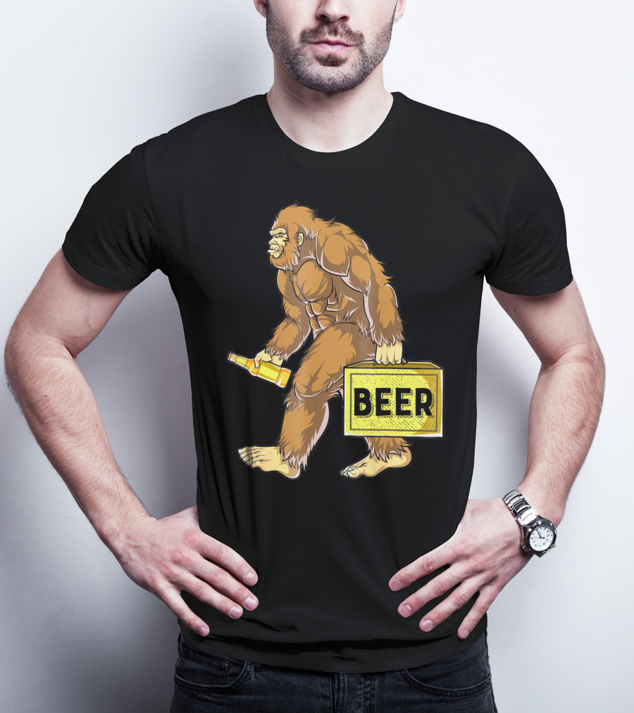 Bigfoot With Beer Funny Sasquatch Drinking Party Carrying Beer Box T-Shirt
