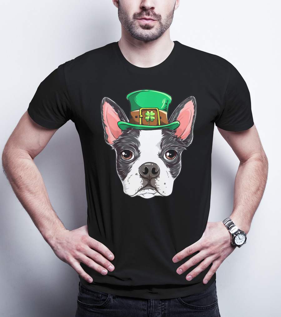 Boston Terrier St Patricks Day Leprechaun Dog With Green Hat T-Shirt