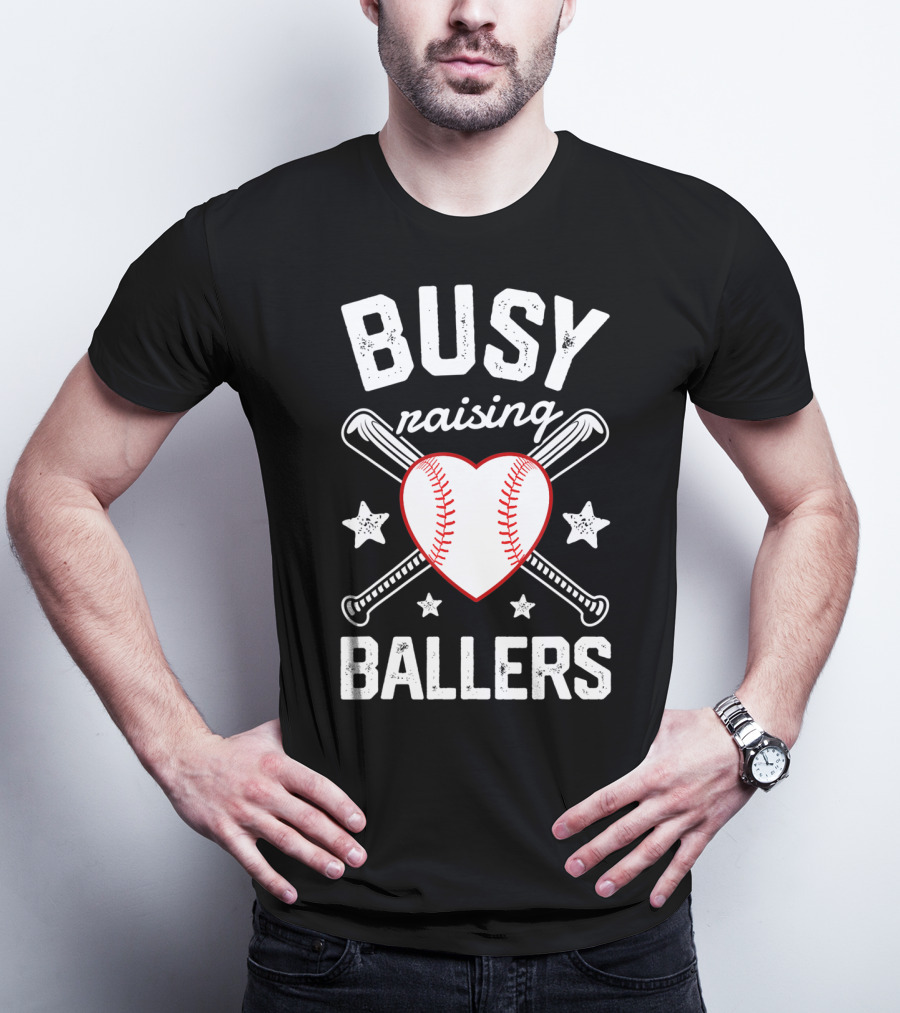 Busy Raising Ballers Heart Baseball And Bats With Stars T-Shirt