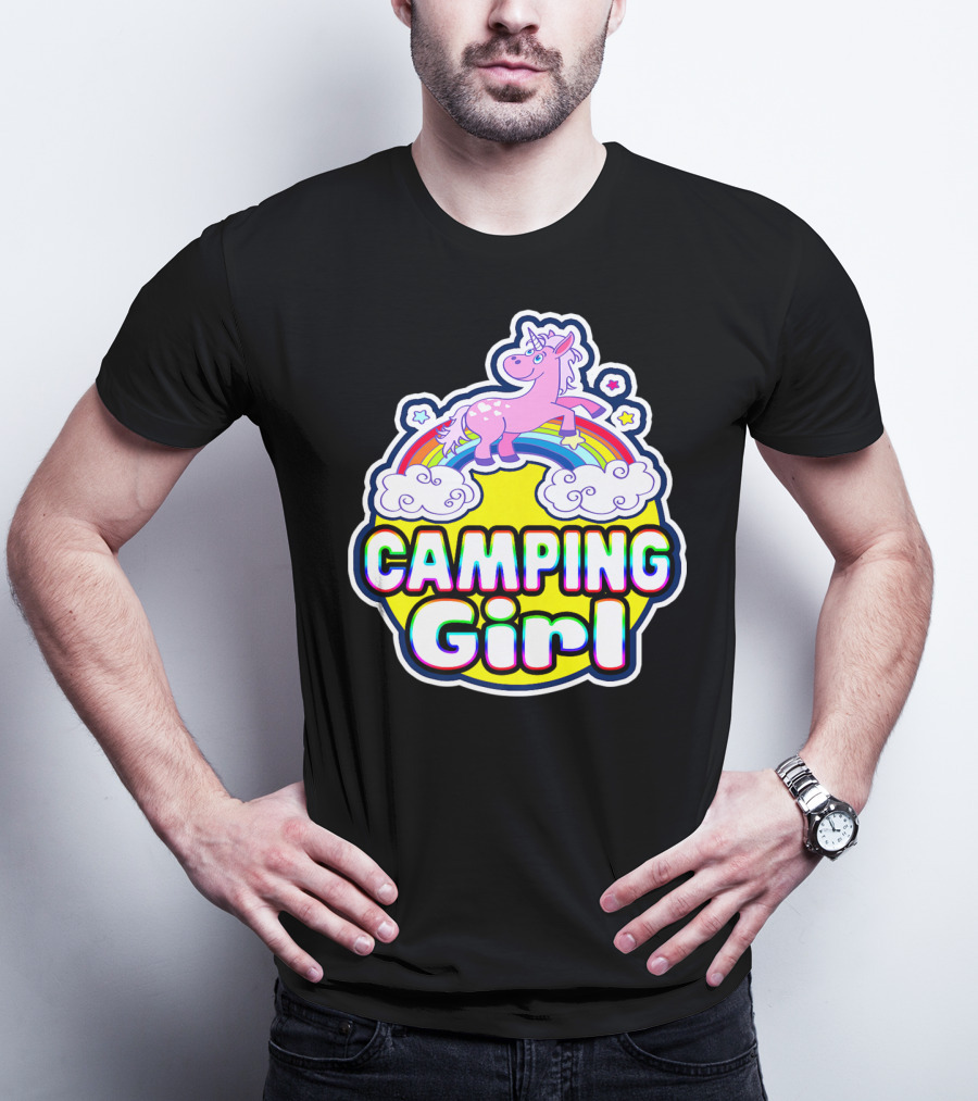 Camping Girl Rainbow Unicorn Cloud Adventure T-Shirt
