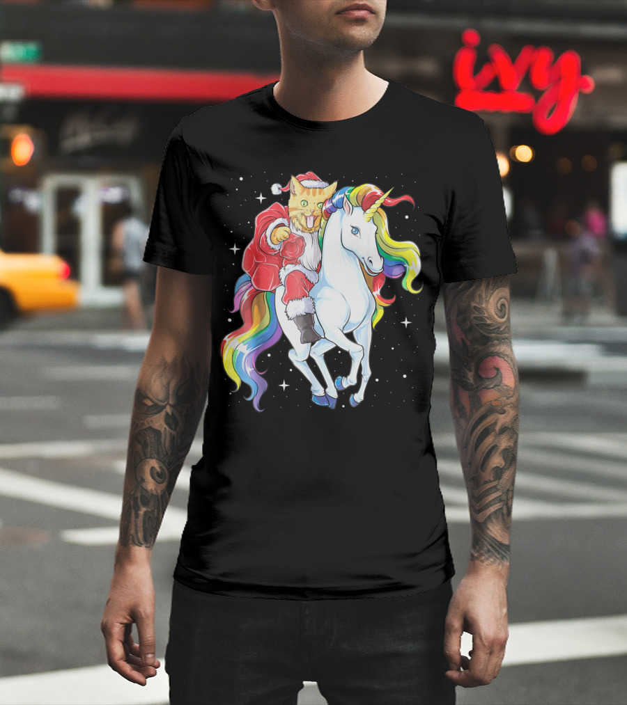 Meowy Cat Santa Riding Rainbow Unicorn Christmas Girls Women T-Shirt