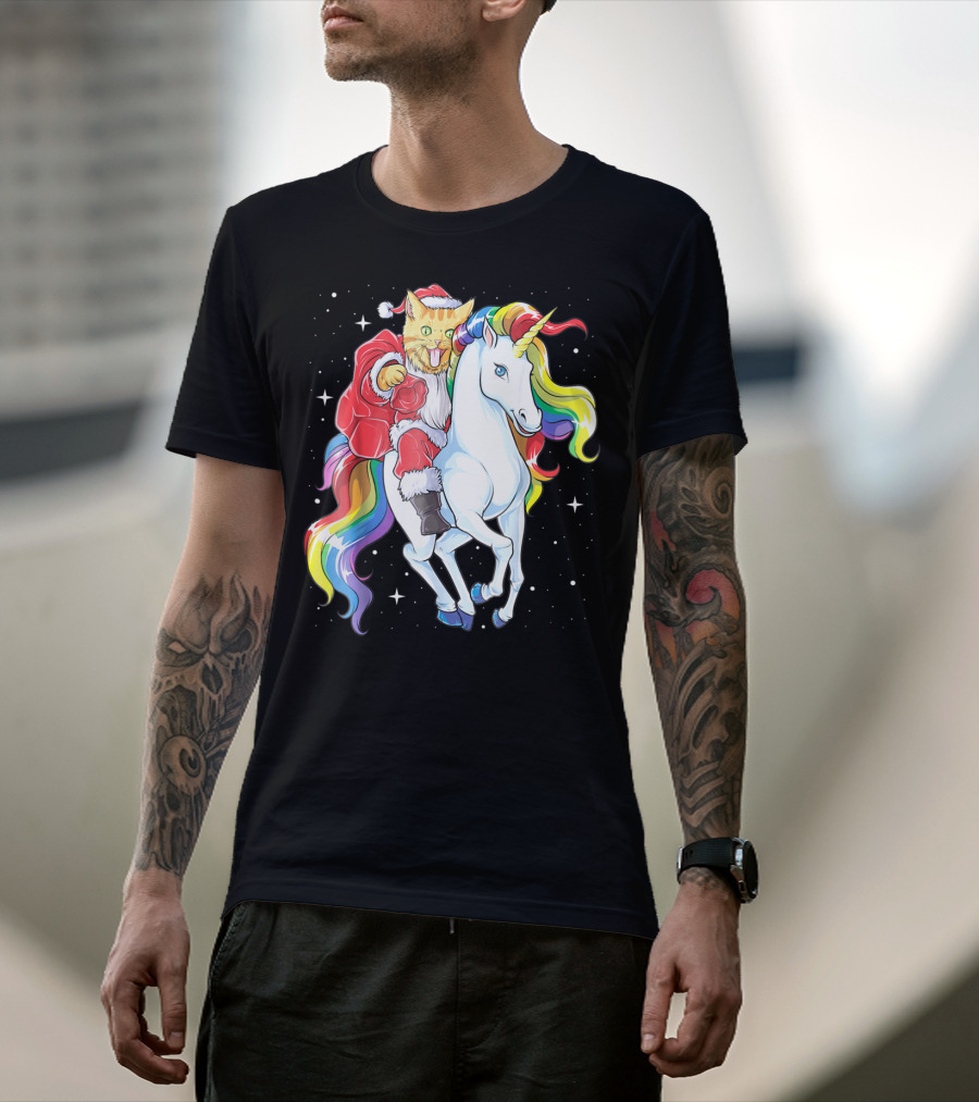 Meowy Cat Santa Riding Rainbow Unicorn Christmas Girls Women T-Shirt
