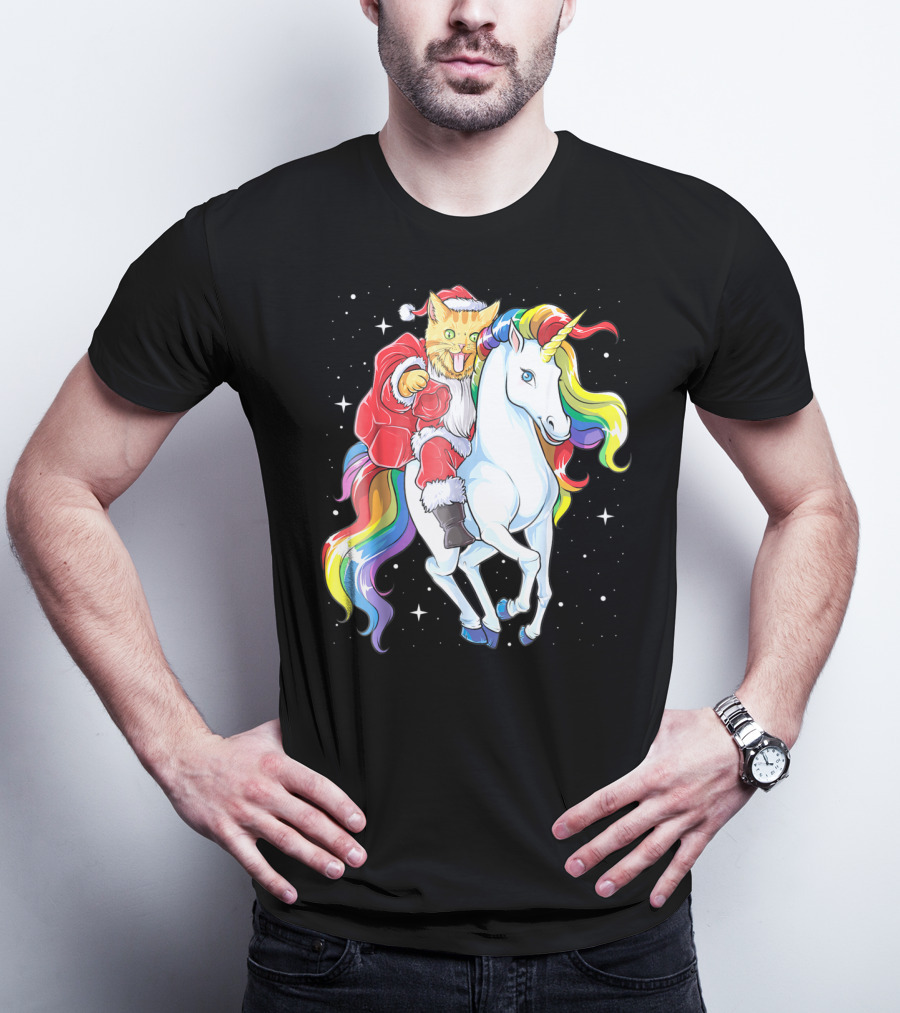 Meowy Cat Santa Riding Rainbow Unicorn Christmas Girls Women T-Shirt