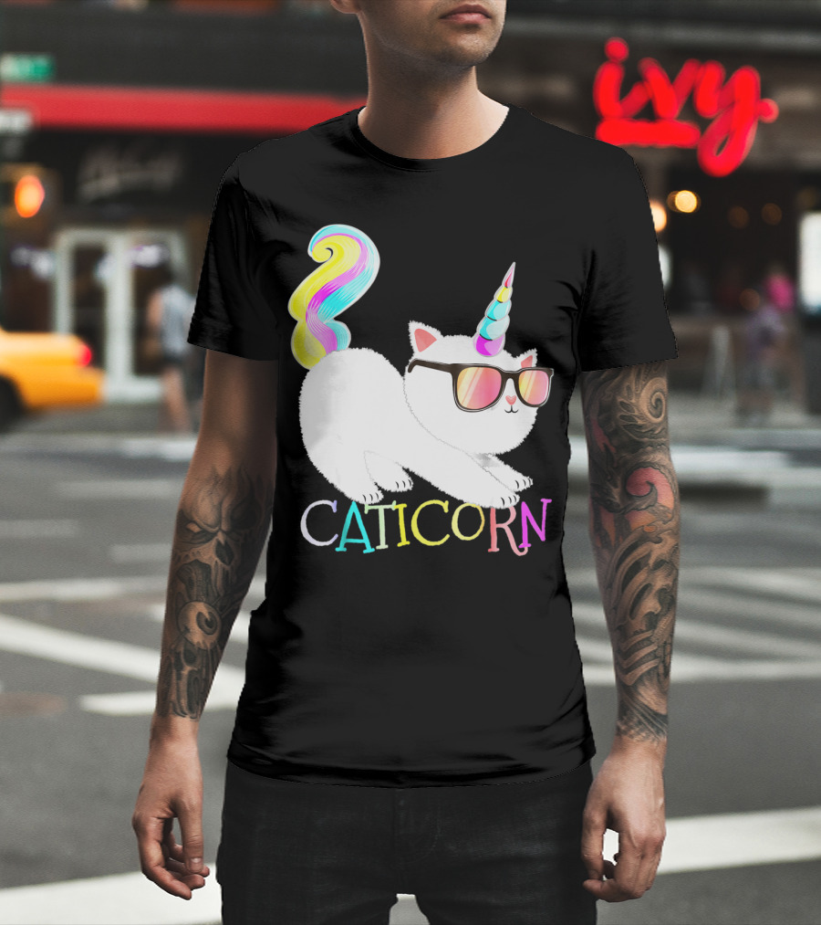Caticorn Rainbow Unicorn Cat Girls Sunglasses Colorful Mane T-Shirt