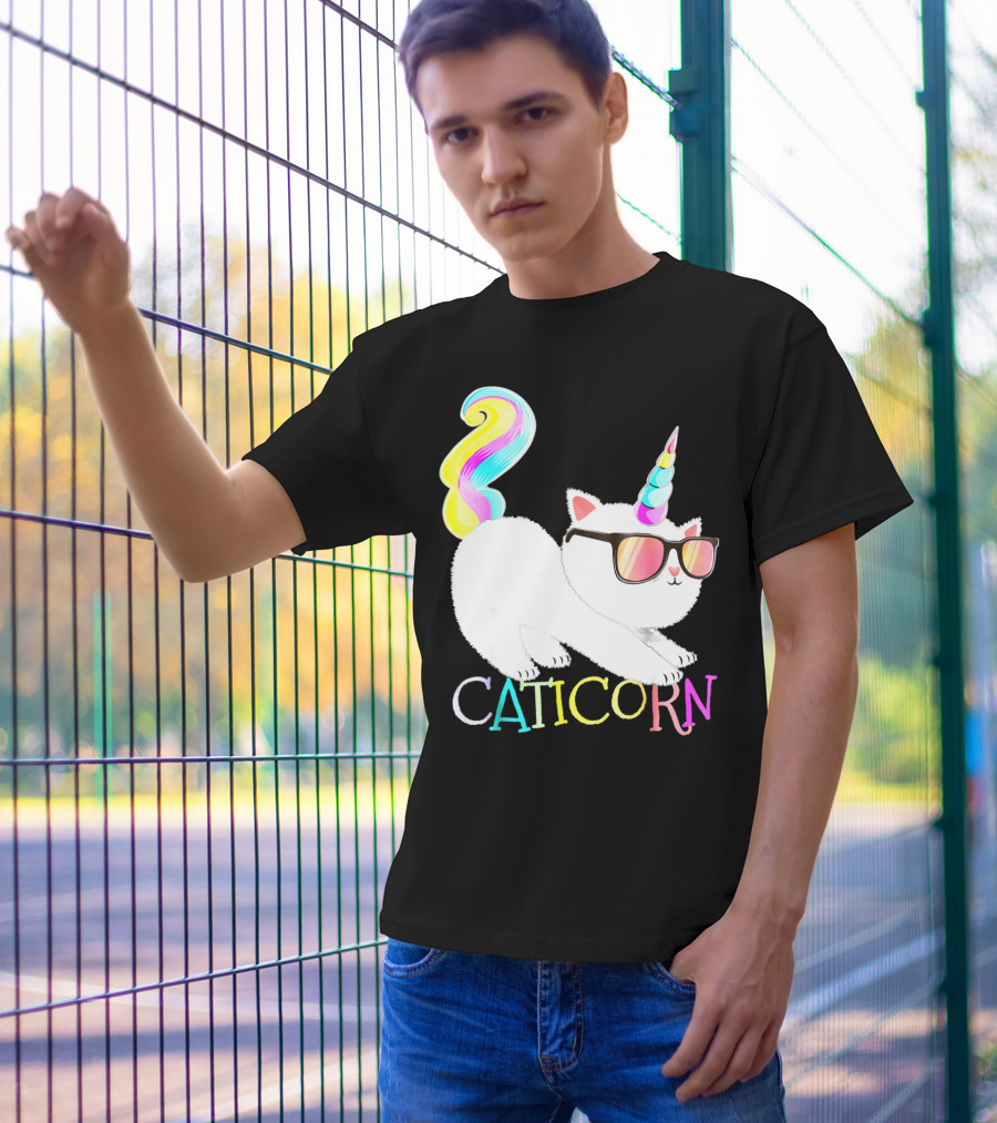 Caticorn Rainbow Unicorn Cat Girls Sunglasses Colorful Mane T-Shirt