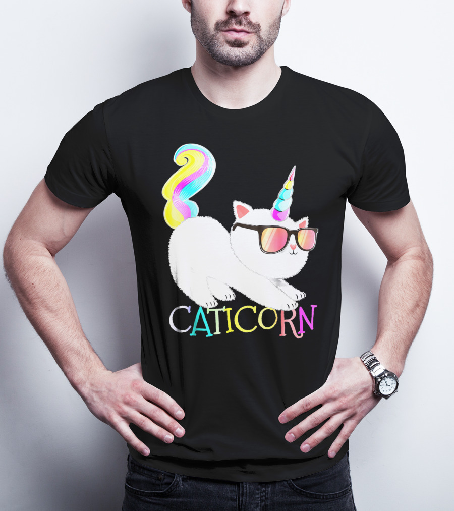 Caticorn Rainbow Unicorn Cat Girls Sunglasses Colorful Mane T-Shirt