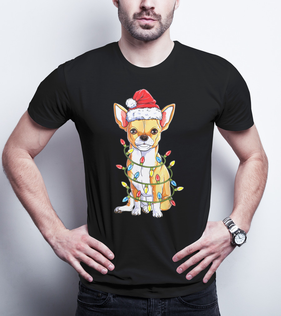 Chihuahua Christmas Santa Hat Holiday Lights Dog T-Shirt