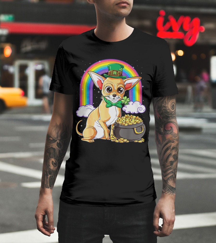 Chihuahua St Patricks Day Leprechaun Rainbow Pot Of Gold T-Shirt