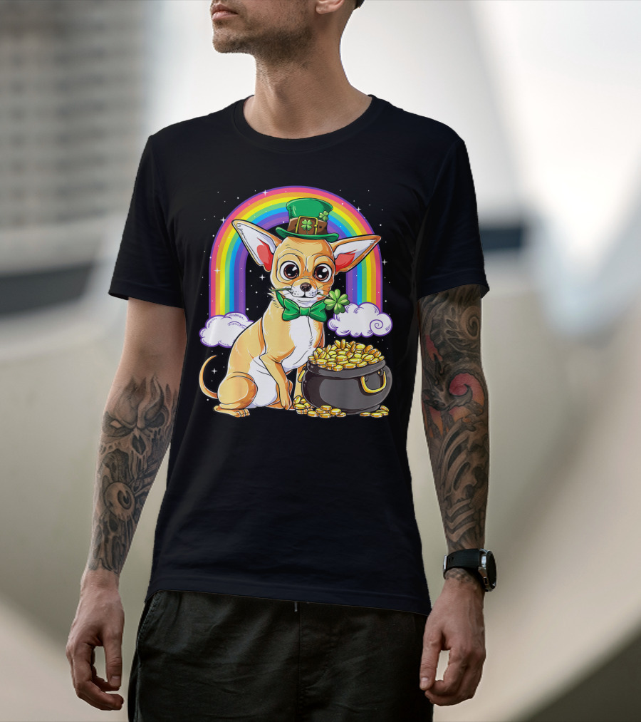Chihuahua St Patricks Day Leprechaun Rainbow Pot Of Gold T-Shirt