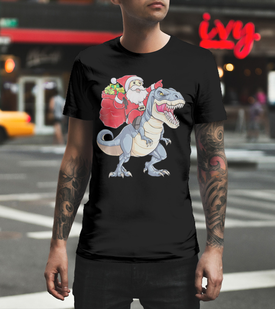 Christmas Santa Riding Dinosaur Rex With Presents T-Shirt