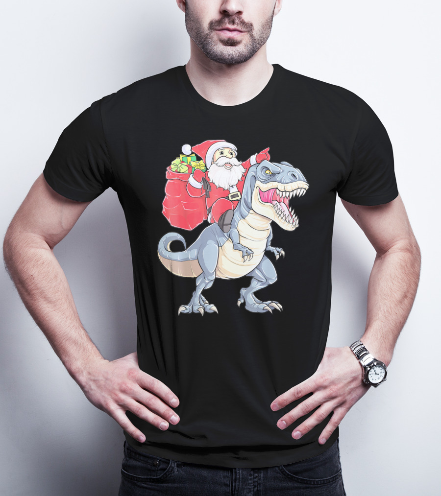 Christmas Santa Riding Dinosaur Rex With Presents T-Shirt