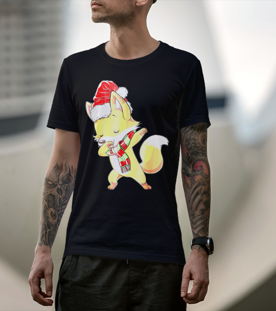 Christmas Fox Dabbing In Santa Hat And Scarf T-Shirt
