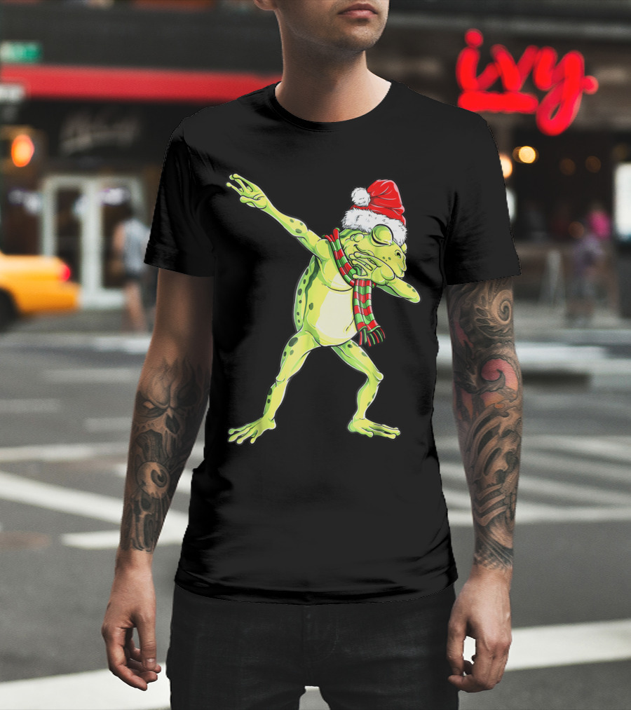 Dabbing Frog With Santa Hat And Scarf Christmas T-Shirt