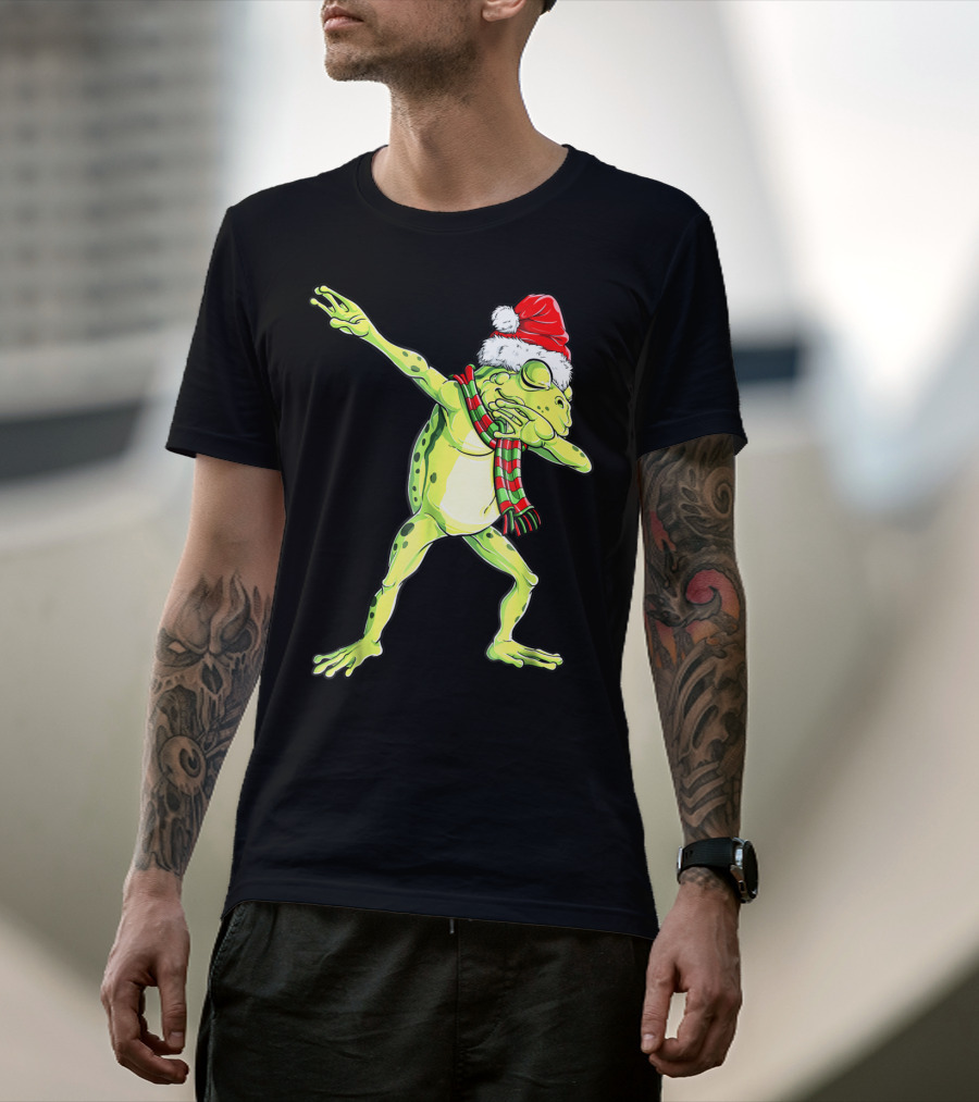 Dabbing Frog With Santa Hat And Scarf Christmas T-Shirt