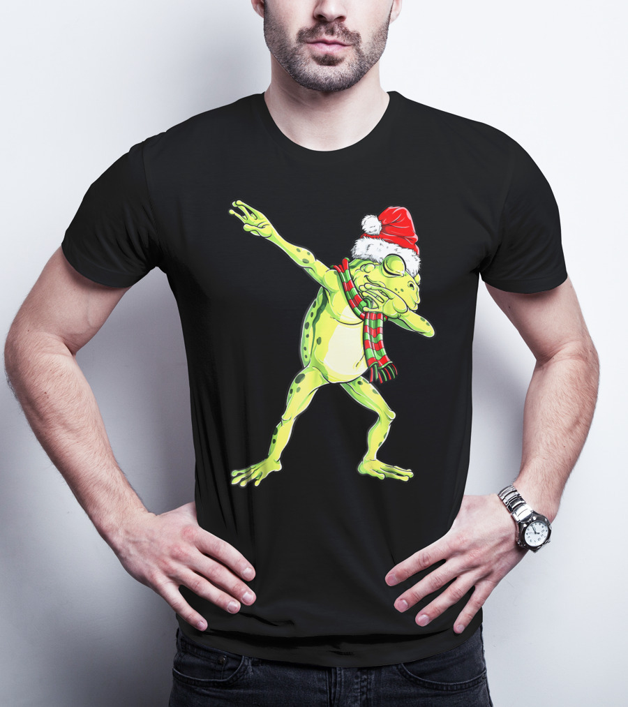 Dabbing Frog With Santa Hat And Scarf Christmas T-Shirt