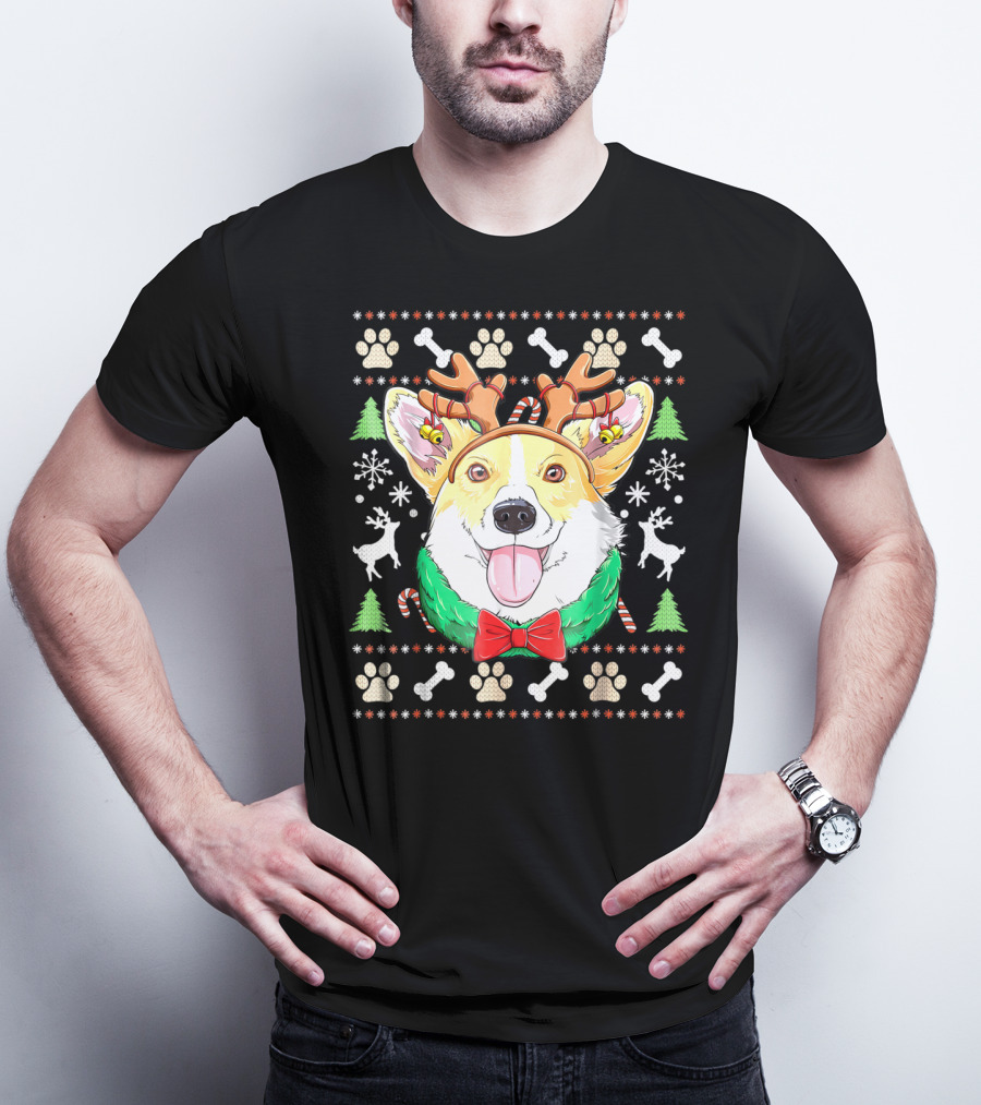 Corgi Christmas Reindeer Antlers Dog Ugly Sweater Xmas Girls T-Shirt