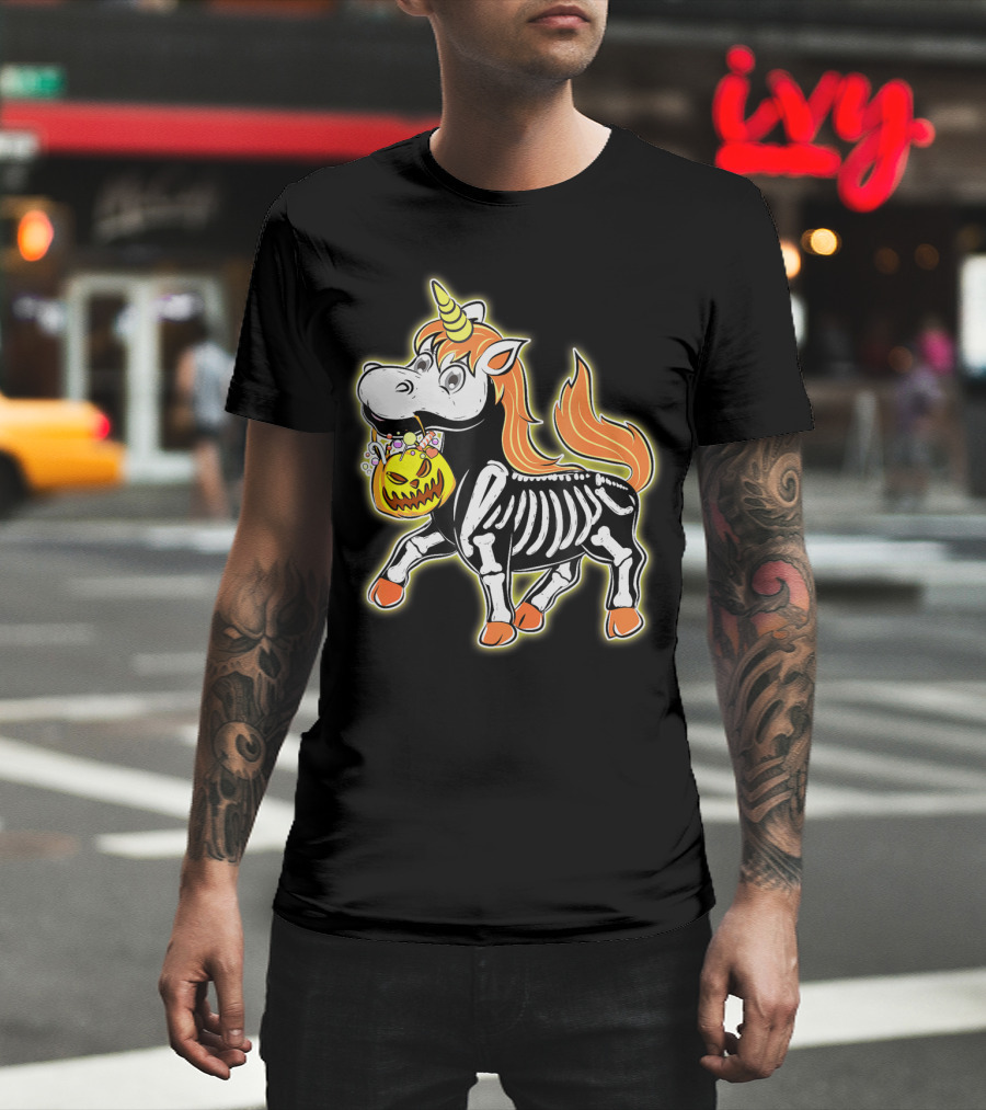 Skeleton Unicorn With Pumpkin Basket T-Shirt