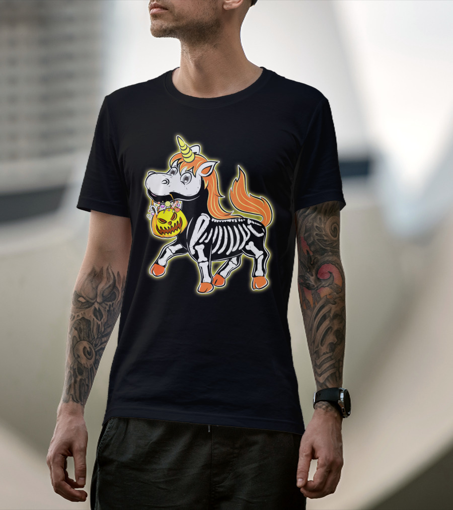 Skeleton Unicorn With Pumpkin Basket T-Shirt