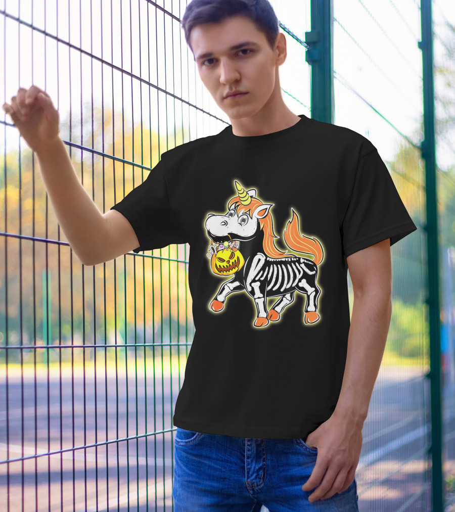Skeleton Unicorn With Pumpkin Basket T-Shirt