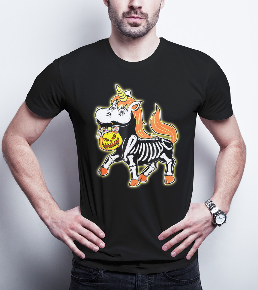 Skeleton Unicorn With Pumpkin Basket T-Shirt