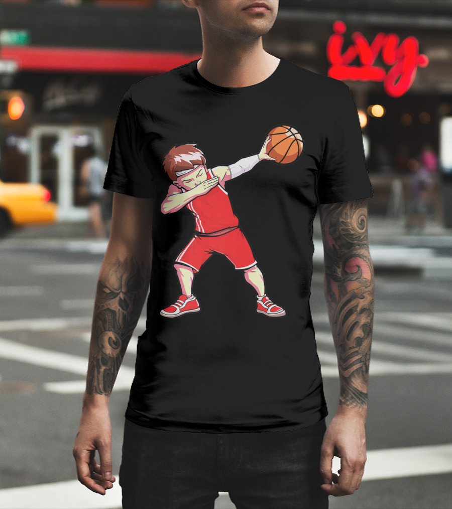 Dabbing Basketball Boy Dab Dance Player In Red Uniform Holding Ball T-Shirt