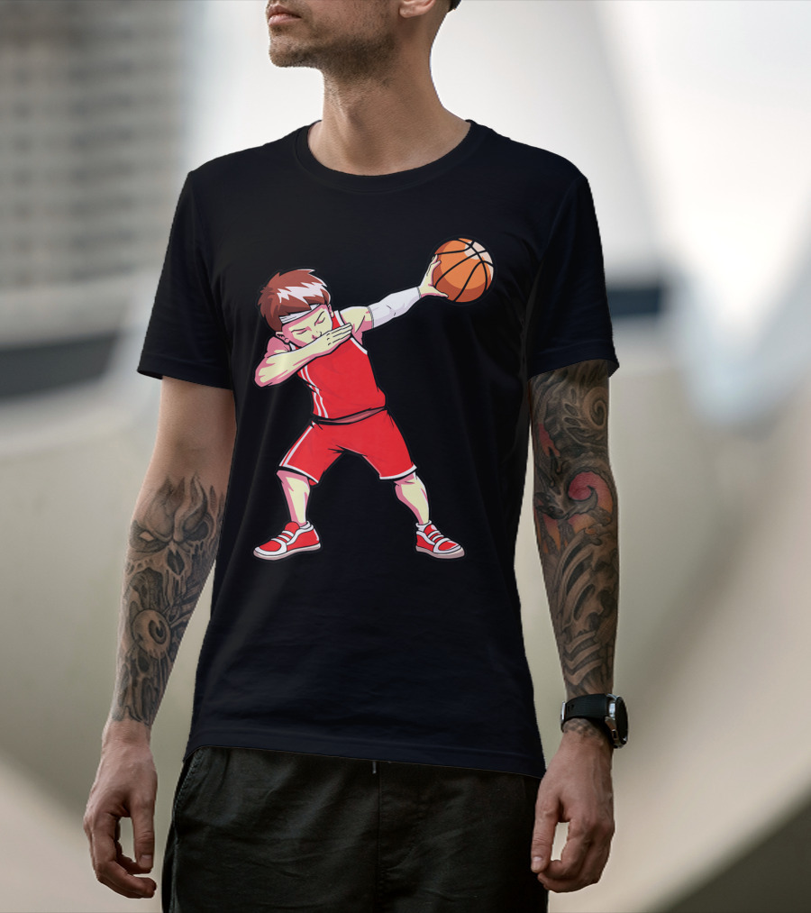 Dabbing Basketball Boy Dab Dance Player In Red Uniform Holding Ball T-Shirt