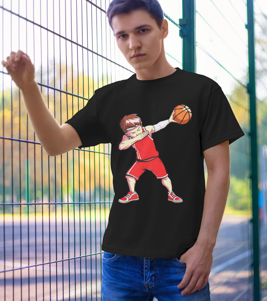 Dabbing Basketball Boy Dab Dance Player In Red Uniform Holding Ball T-Shirt
