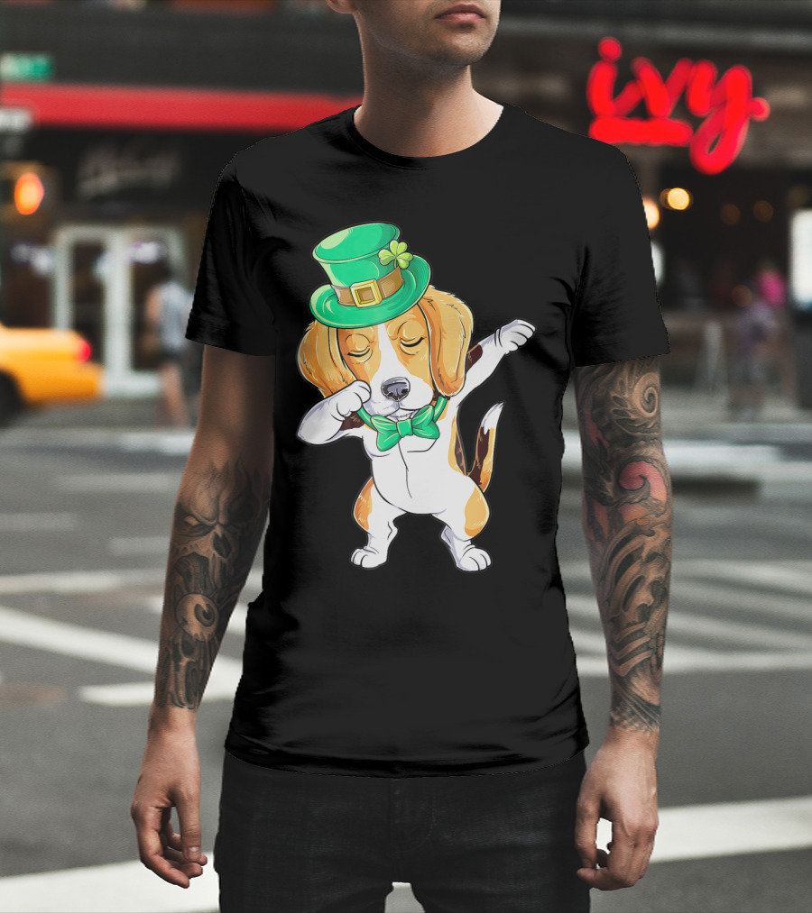 Dabbing Beagle In St Patricks Day Leprechaun Hat And Bowtie T-Shirt