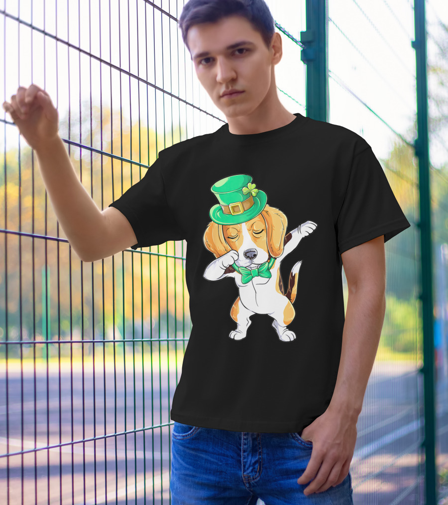 Dabbing Beagle In St Patricks Day Leprechaun Hat And Bowtie T-Shirt