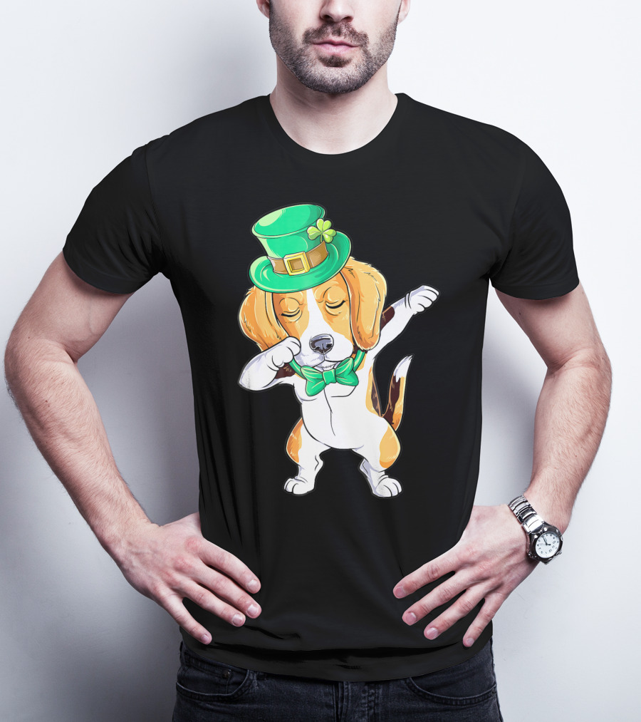 Dabbing Beagle In St Patricks Day Leprechaun Hat And Bowtie T-Shirt