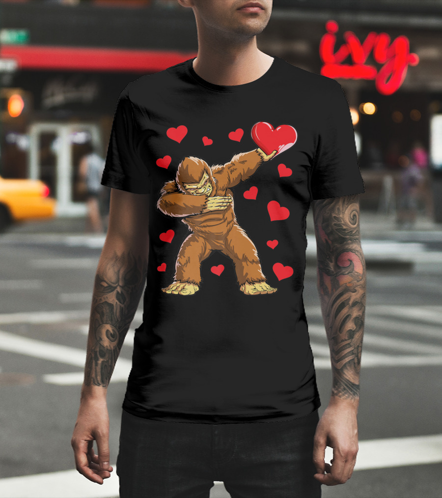 Dabbing Bigfoot With Heart Valentine's Day Boys Men Love T-Shirt