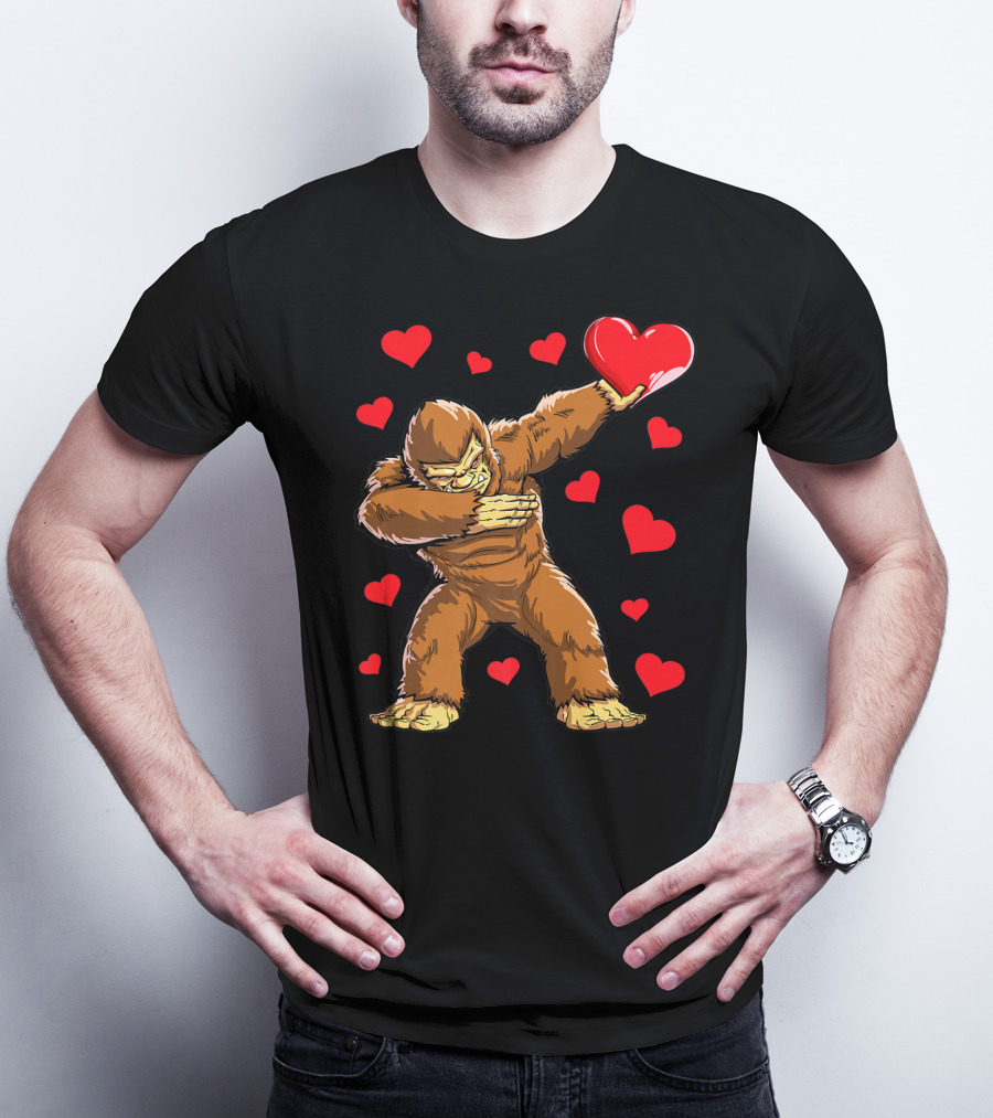 Dabbing Bigfoot With Heart Valentine's Day Boys Men Love T-Shirt