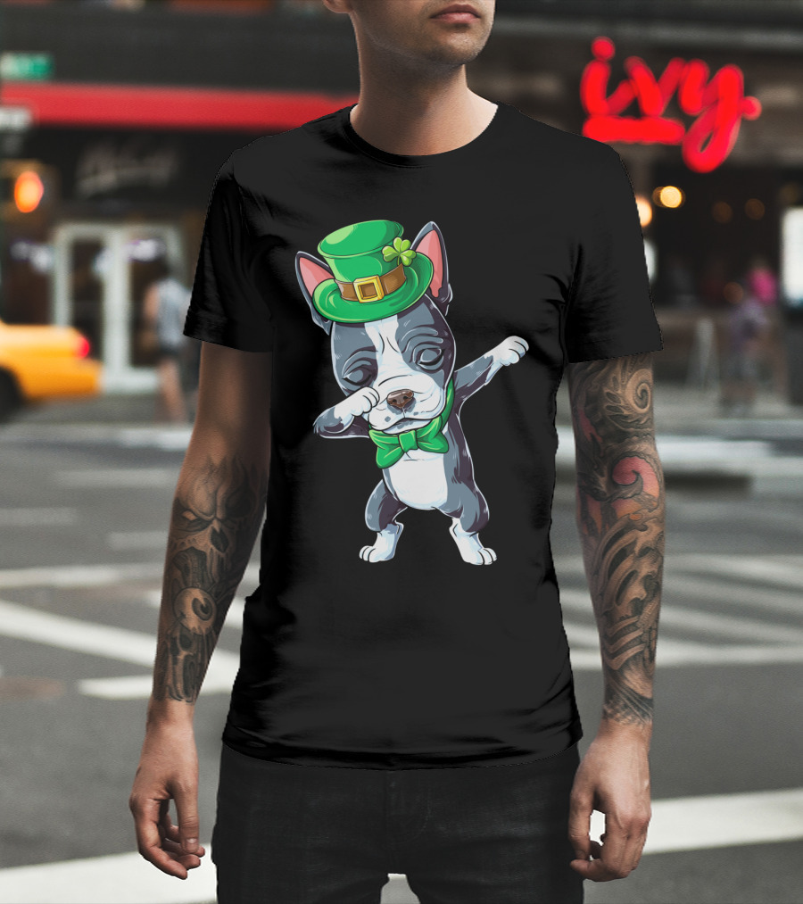 Dabbing Boston Terrier St Patricks Day Leprechaun Green Hat Bow Tie T-Shirt