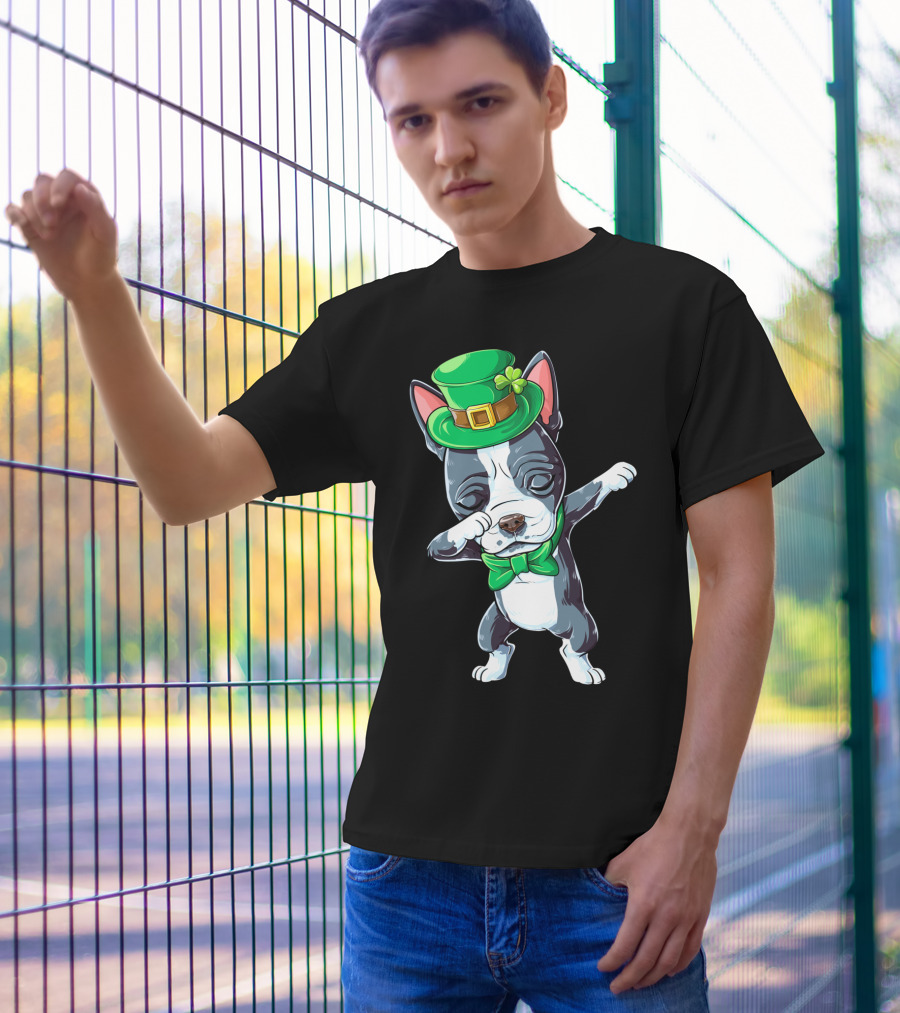 Dabbing Boston Terrier St Patricks Day Leprechaun Green Hat Bow Tie T-Shirt