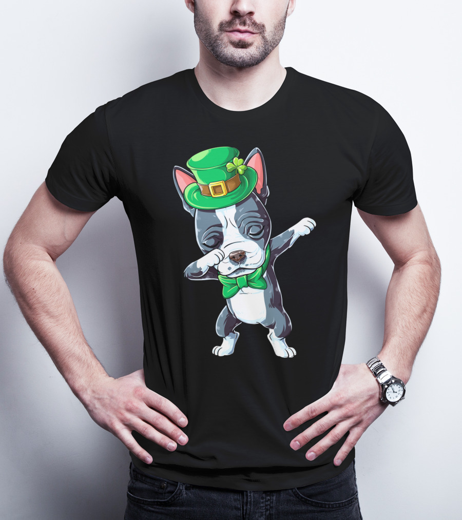 Dabbing Boston Terrier St Patricks Day Leprechaun Green Hat Bow Tie T-Shirt