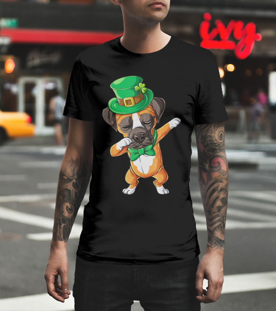 St Patricks Day Dabbing Leprechaun Boxer Dog Boys T-Shirt