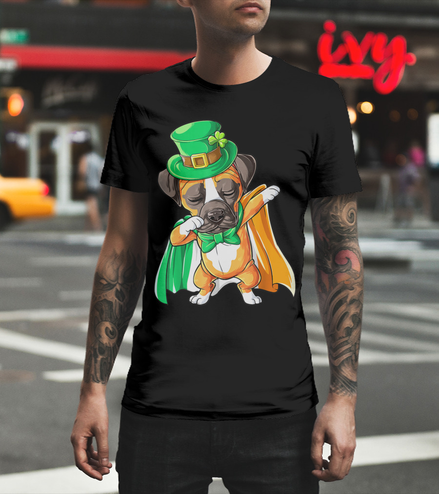 Dabbing Boxer Puppy St Patricks Day Leprechaun Costume Irish Flag T-Shirt